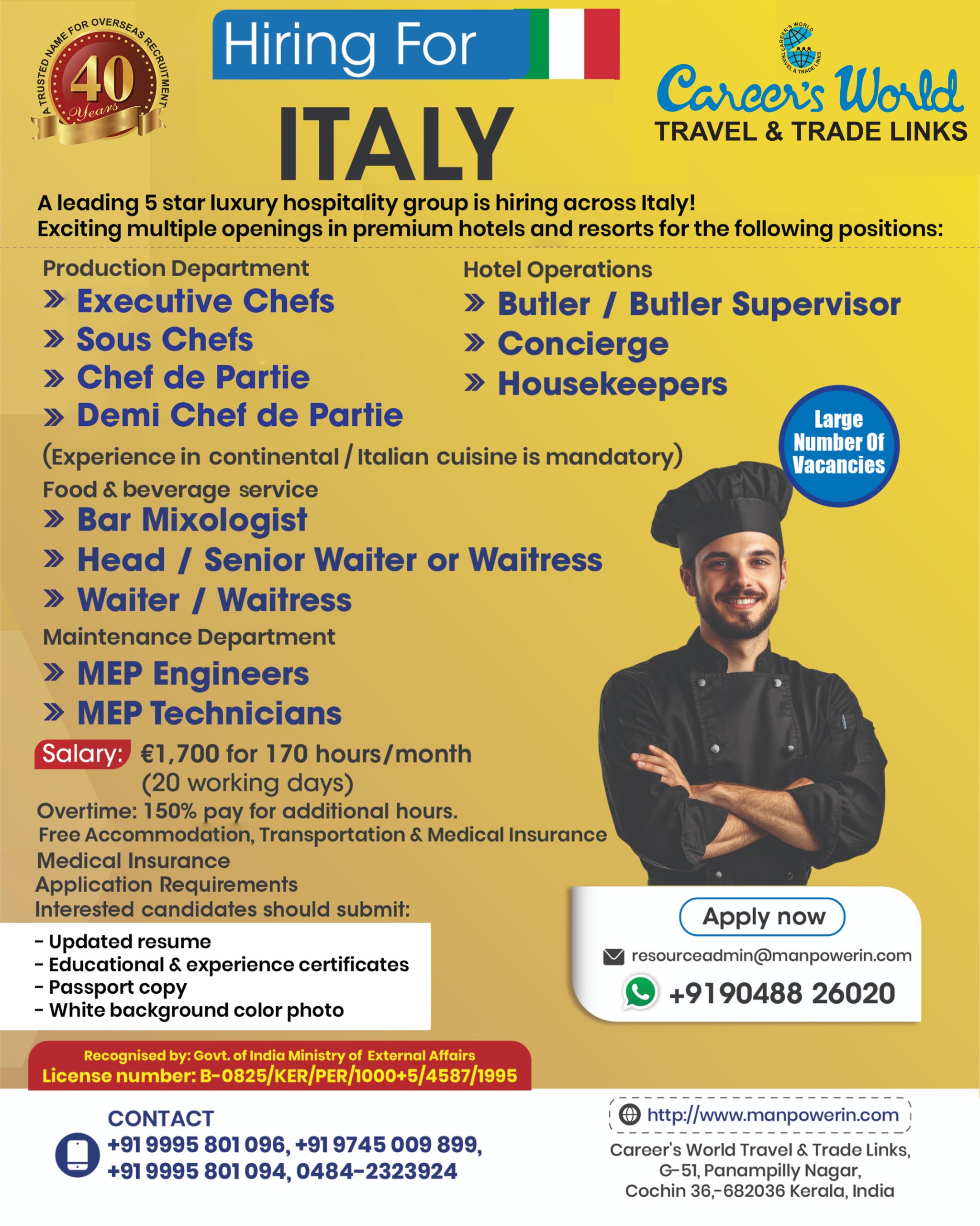 HIRING IN HOSPITALITY INDUSTRY FOR ITALY - CareersWorld » - CareersWorld